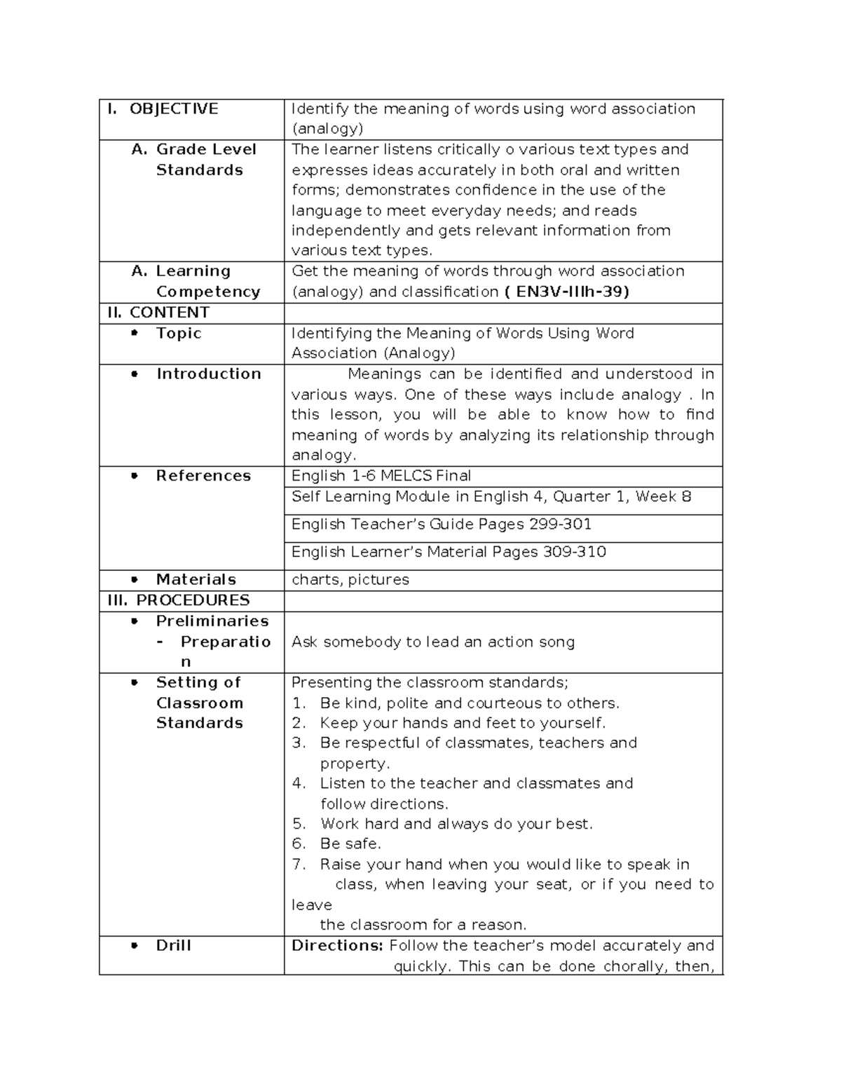 English Lesson Plan - I. OBJECTIVE Identify the meaning of words using ...