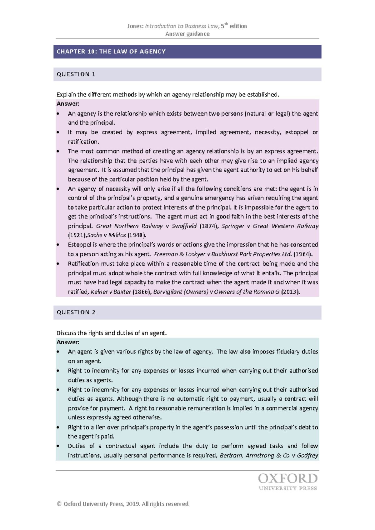 Jones: Business Law 5e Answer Guidance - Chapter 10 Agency Law - Studocu