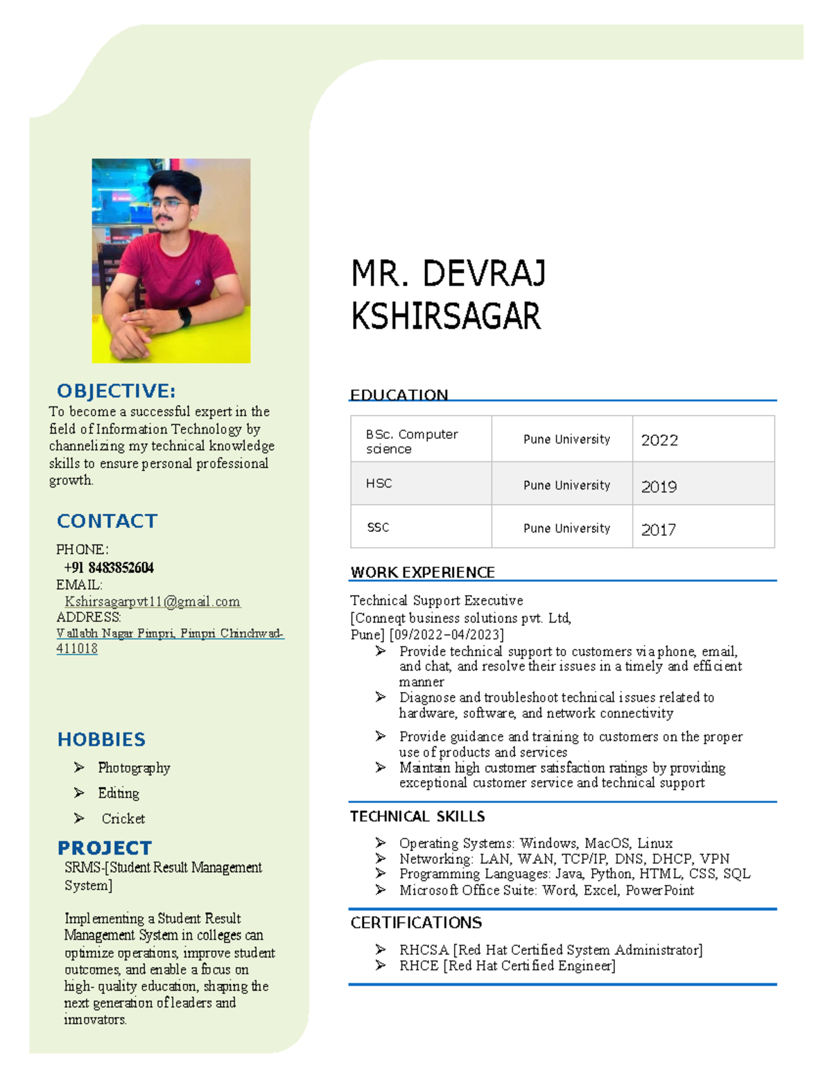 Professional Resume of Kshirsagar Devraj - IT Expert & Support Role ...