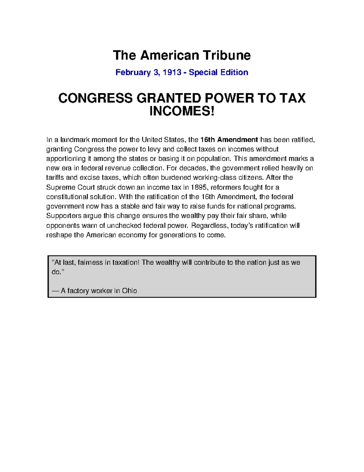 The American Tribune: 16th Amendment Ratified - Income Tax Power - Studocu