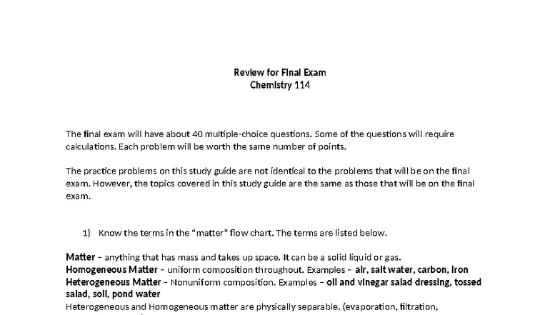 Chemistry 114 Final Exam Review Key Concepts Practice Problems Studocu