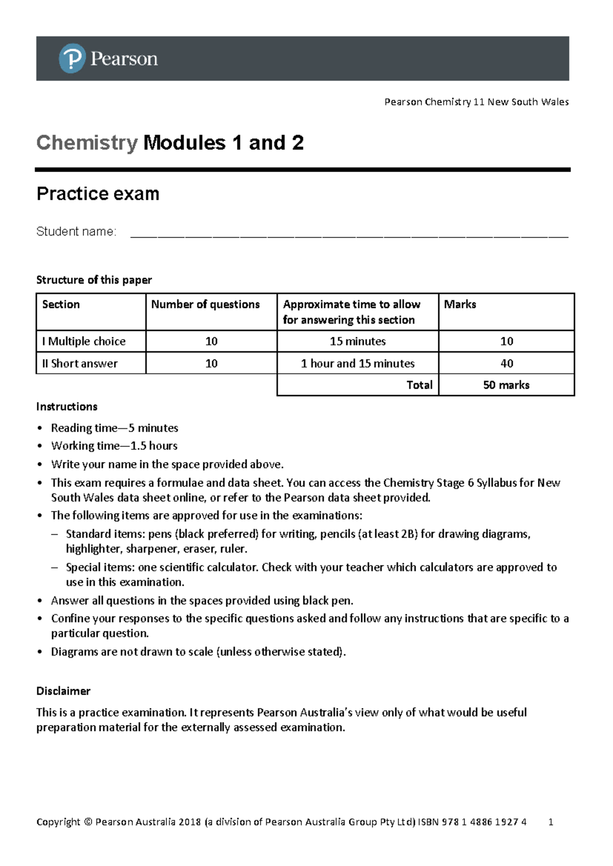 Yr11 CHEM Practice Exam - Pearson Chemistry 11 New South Wales ...