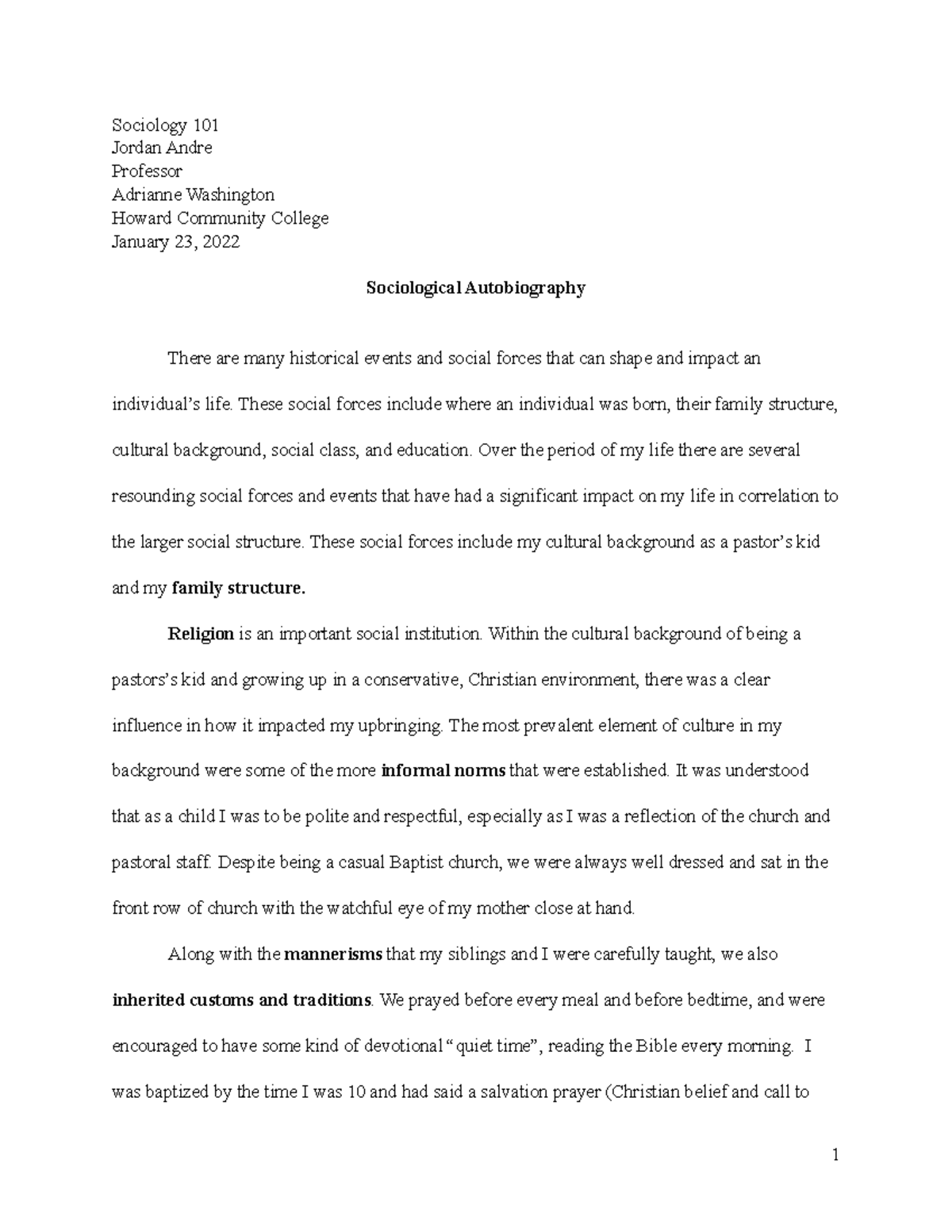 Sociological Autobiography - J - Sociology 101 Jordan Andre Professor ...