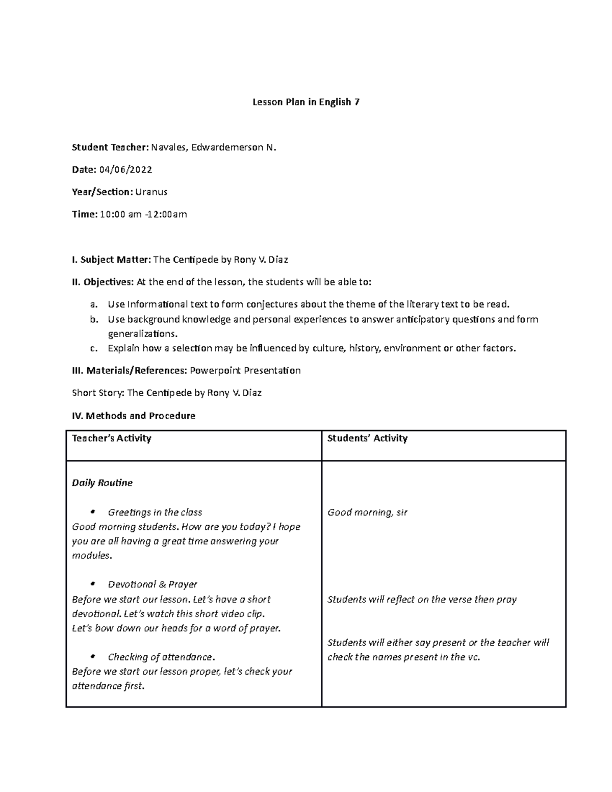 Lesson Plan: English 7 - The Centipede by Rony V. Diaz - Studocu
