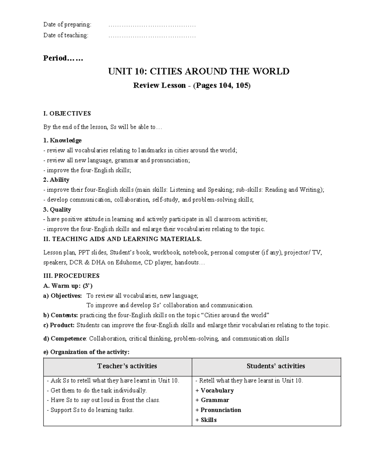 UNIT 10: CITIES AROUND THE WORLD - Review Lesson Plan - Studocu