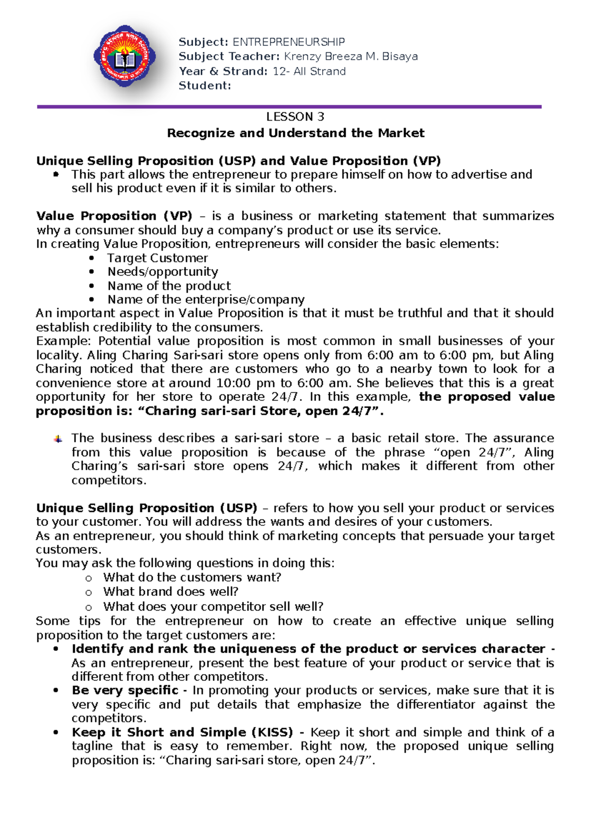 Lesson 3-4 entrep - note - Subject: ENTREPRENEURSHIP Subject Teacher ...