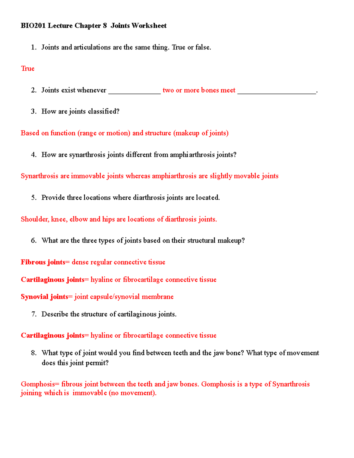 BIO201 Final Exam Answer Key: Joints and Articulations Overview - Studocu