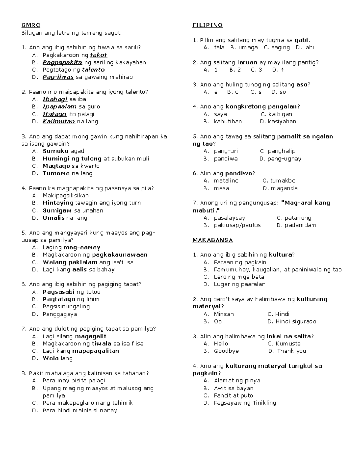 GMRC & FILIPINO Basic Knowledge Reviewer for Students - Studocu
