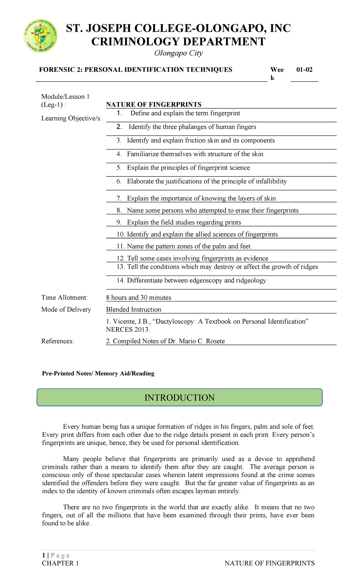 Forensic 2: Module 1 - Nature of Fingerprints and Personal ...