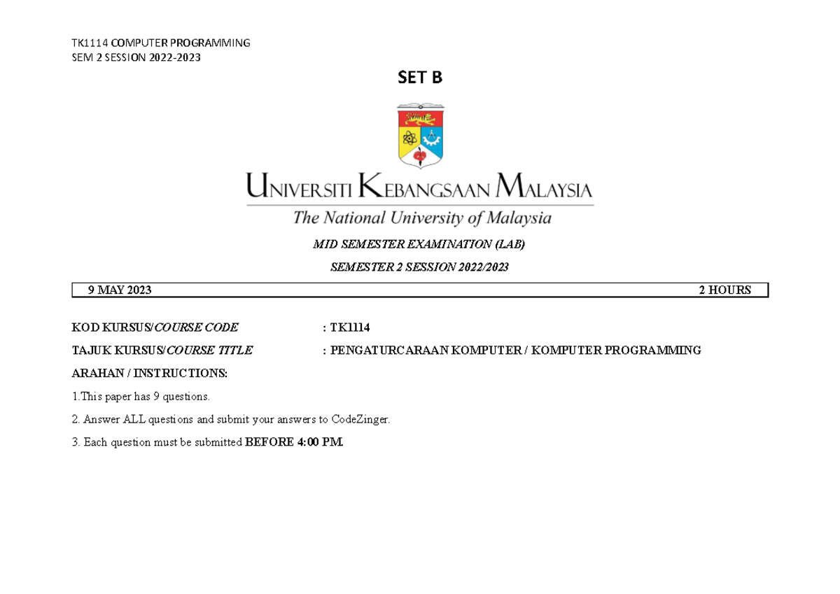 Midterm Exam: Computer Programming TK1114 Set B Lab Questions - Studocu