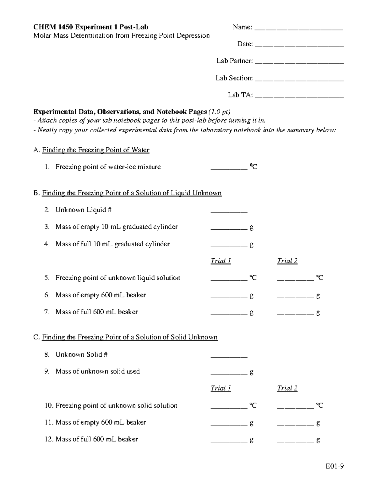 Student Post Lab 3 - CHEM 1450 Experiment 1 Post-Lab Name ...