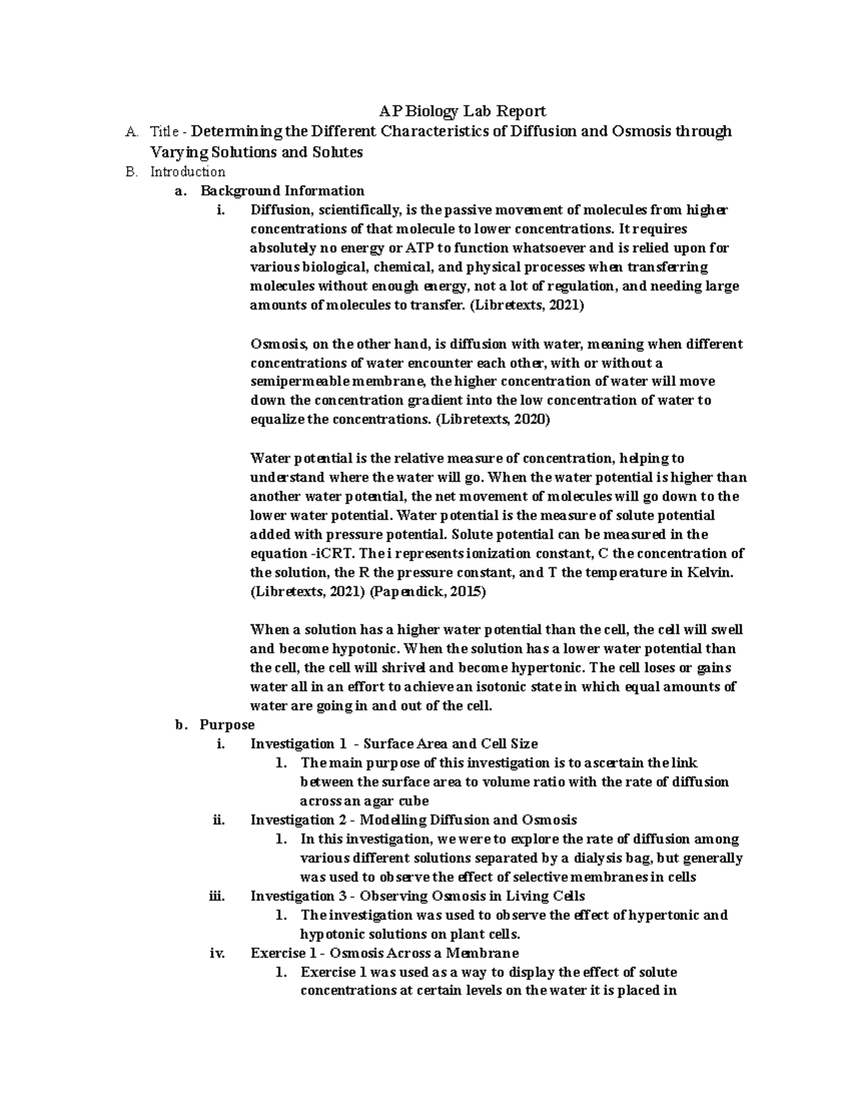 AP Biology Lab Report - Background Information i. Diffusion ...