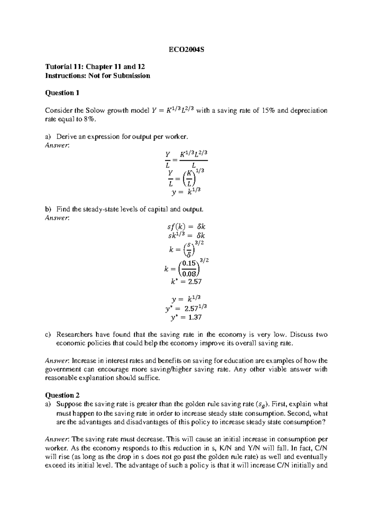 ECO2004S - Tutorial 11 Solutions: Analysis of Growth Models and ...