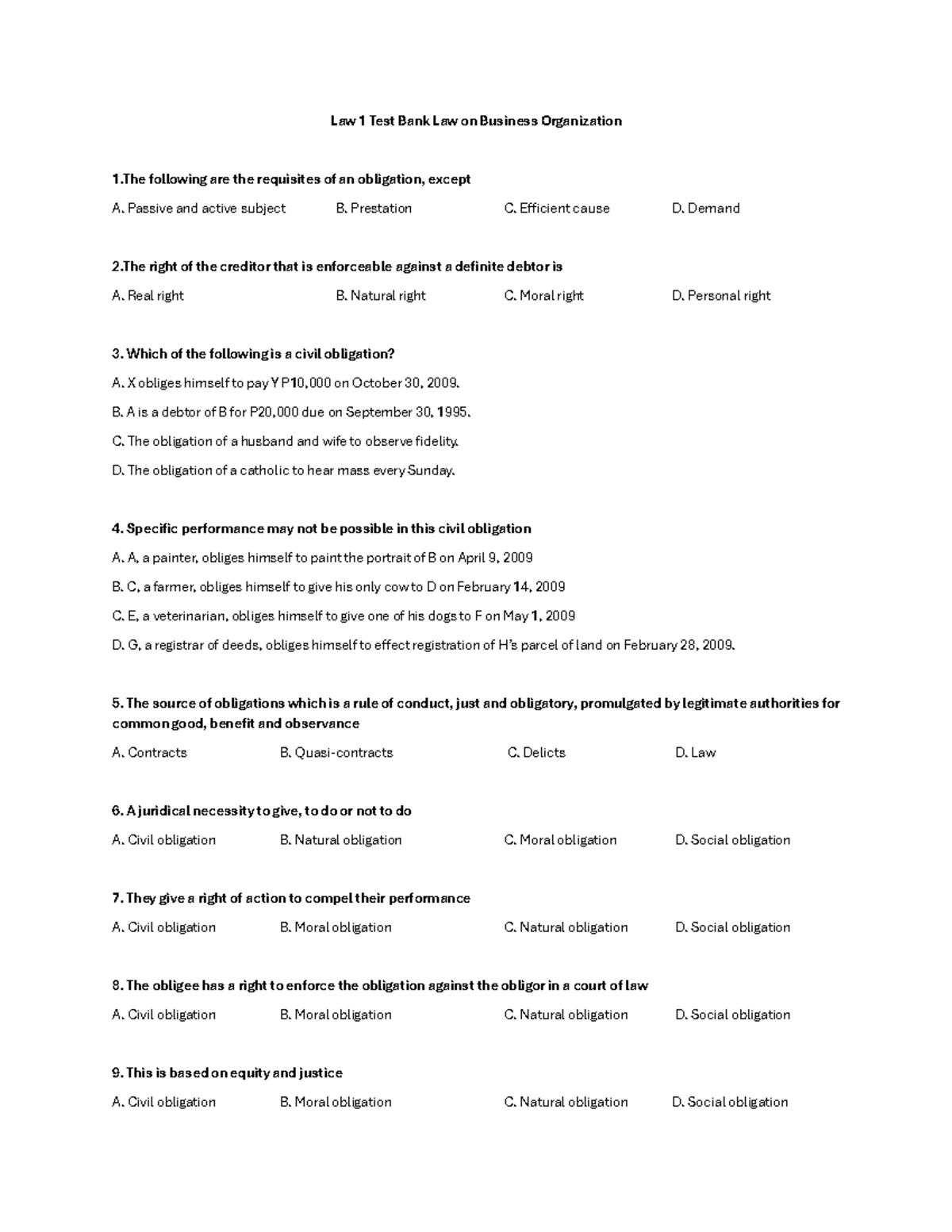 Obligations and Contracts 1 Midterm Examination - Law 1 Test Bank Law ...