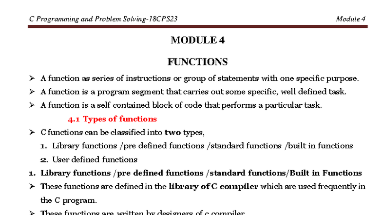 C Programming and Problem Module 4: Functions Overview - Studocu