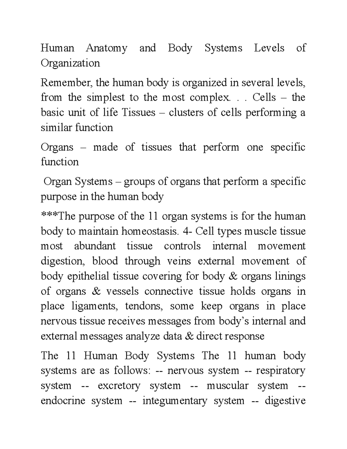 Human Anatomy & Body Systems: Levels of Organization Overview - Studocu