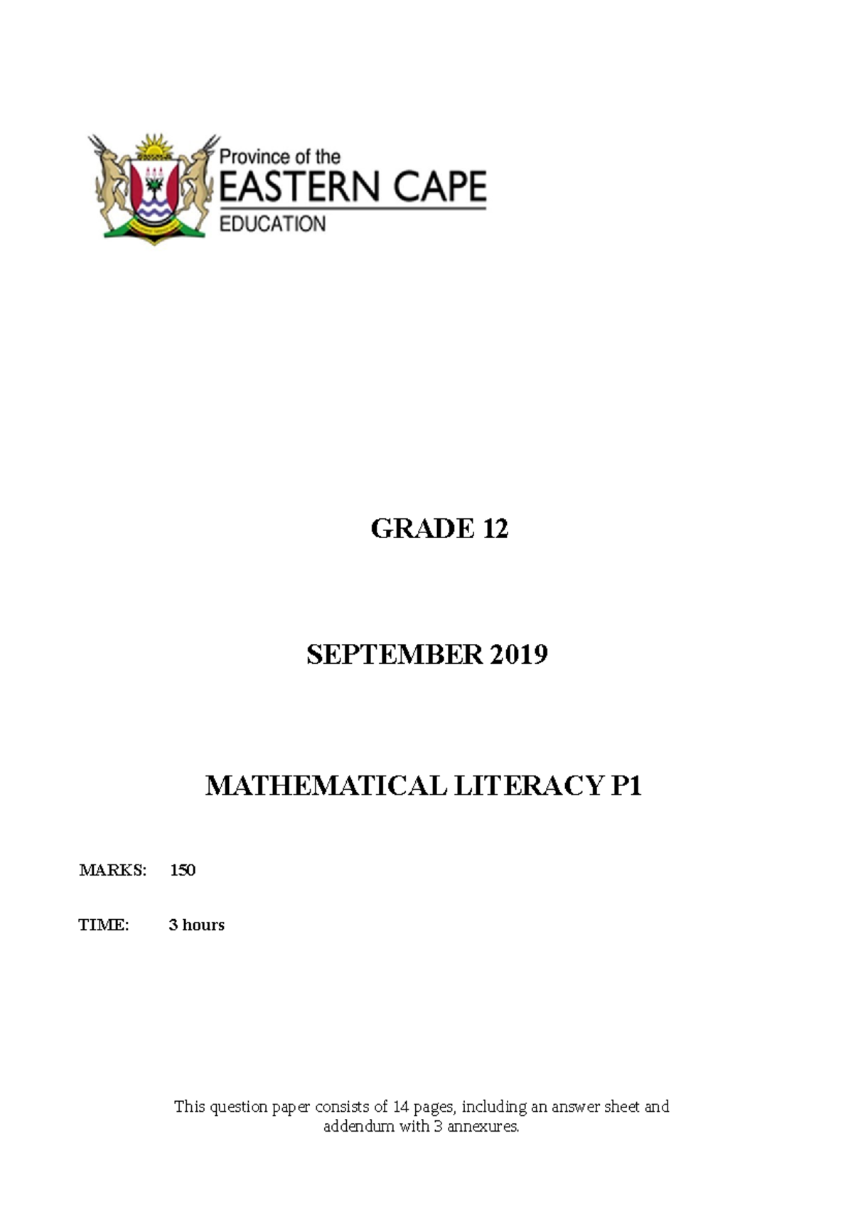 Mathematical Literacy P1 (EC/SEPT 2019) Grade 12 Question Paper Details ...