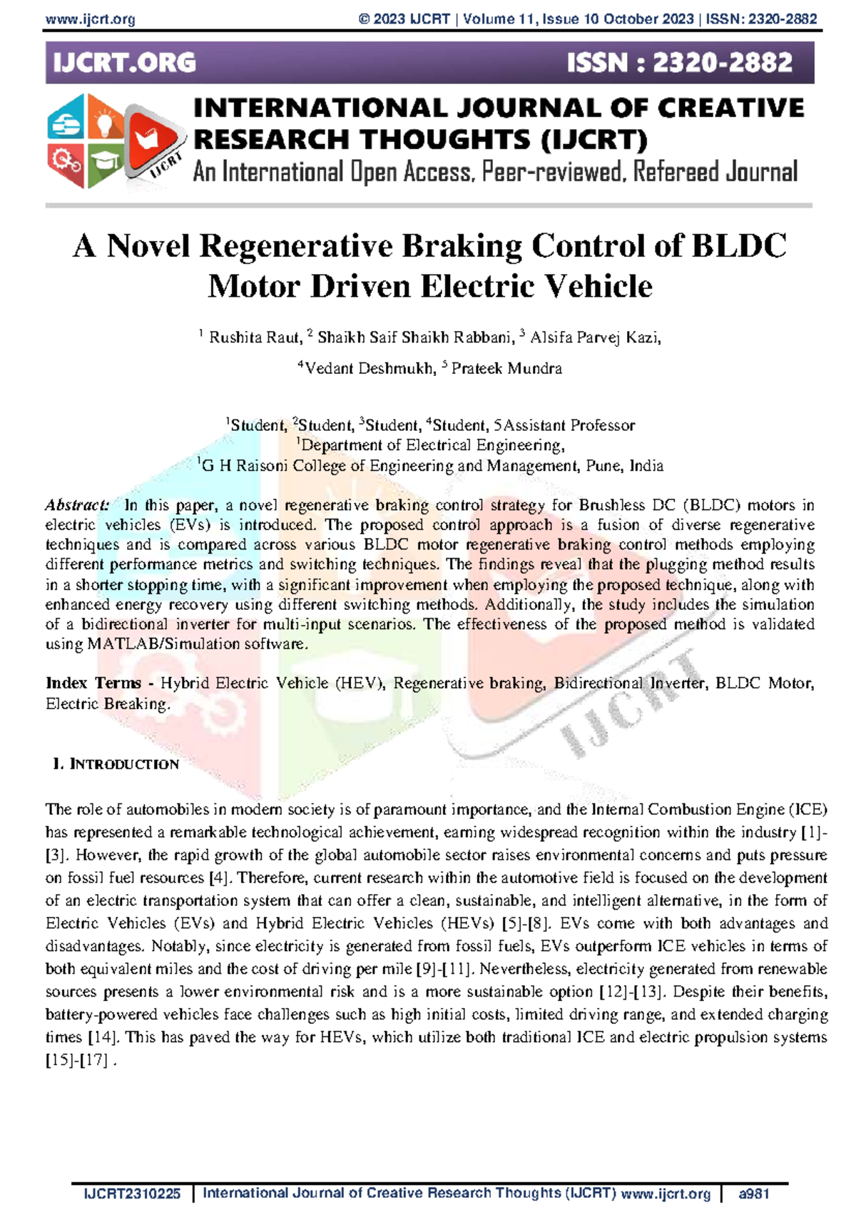 Novel Regenerative Braking Control for BLDC Motors in EVs (IJCRT2310225 ...