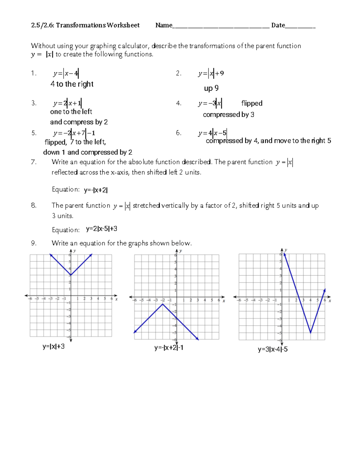 Absolute Value Transformations Classwork: Functions & Graphs - Studocu