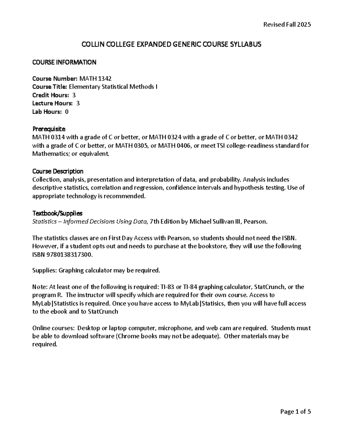 Syllabus for MATH 1342: Elementary Statistical Methods I (Fall 2025 ...