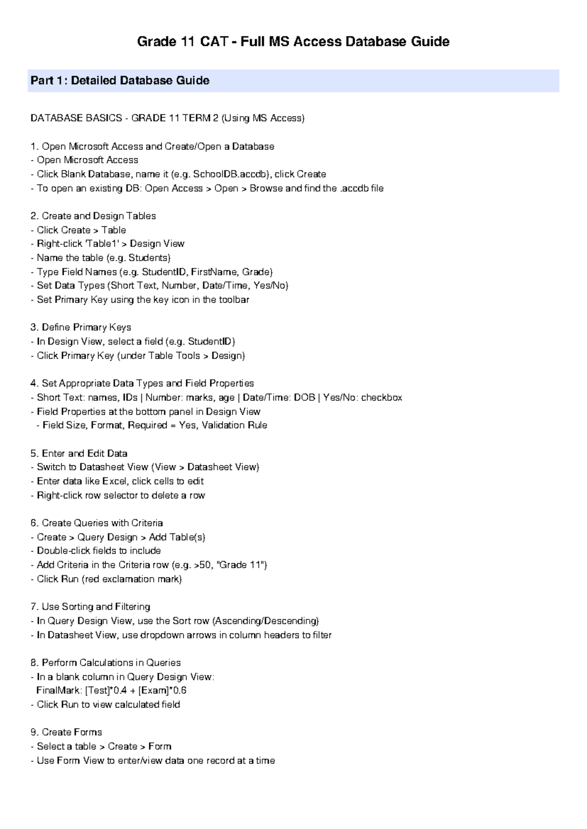 G11 CAT Full MS Access Database Guide: Term 2 Essentials Part 1 - Studocu
