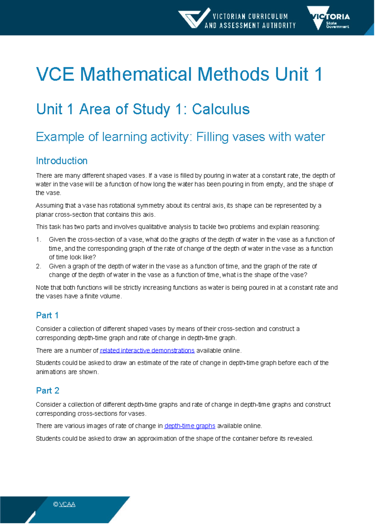 VCE Mathematical Methods Unit 1: Filling Vases with Water Analysis ...