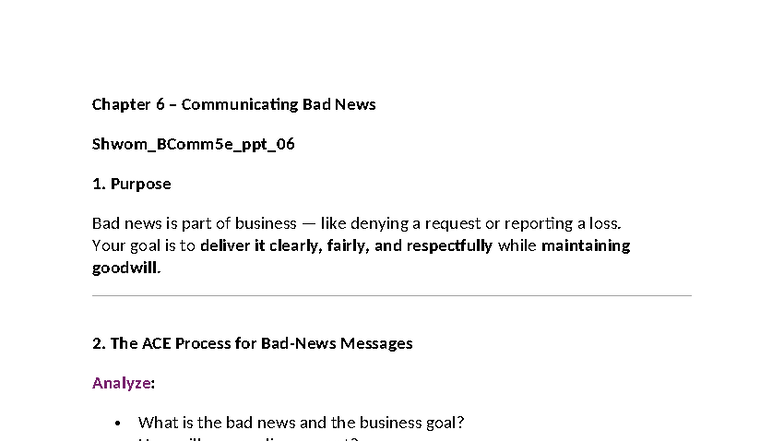 Chapter 6: Communicating Bad News - Shwom BComm5e Notes - Studocu