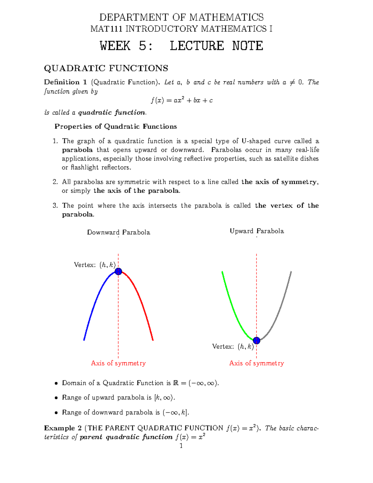 Mat 111 week 5 lecture notes on quadratic functions - Studocu