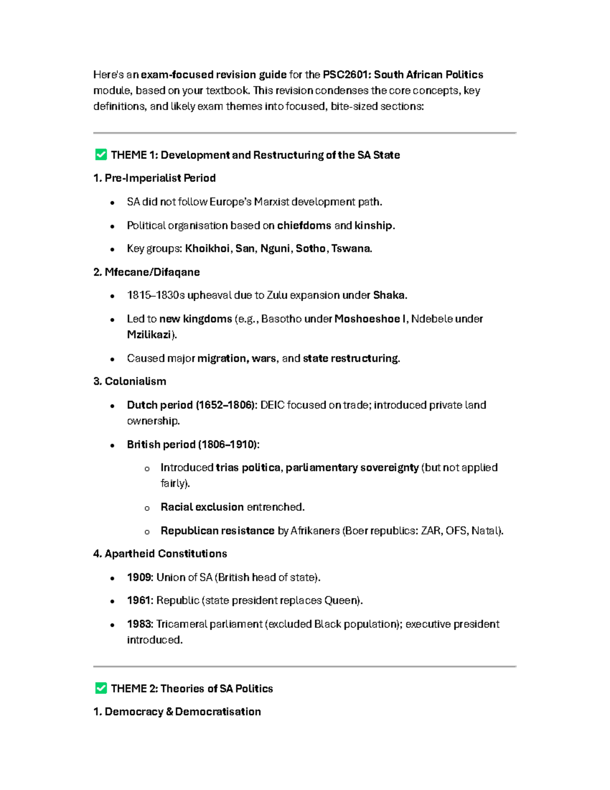 PSC2601: South African Politics Exam Revision Guide - Studocu