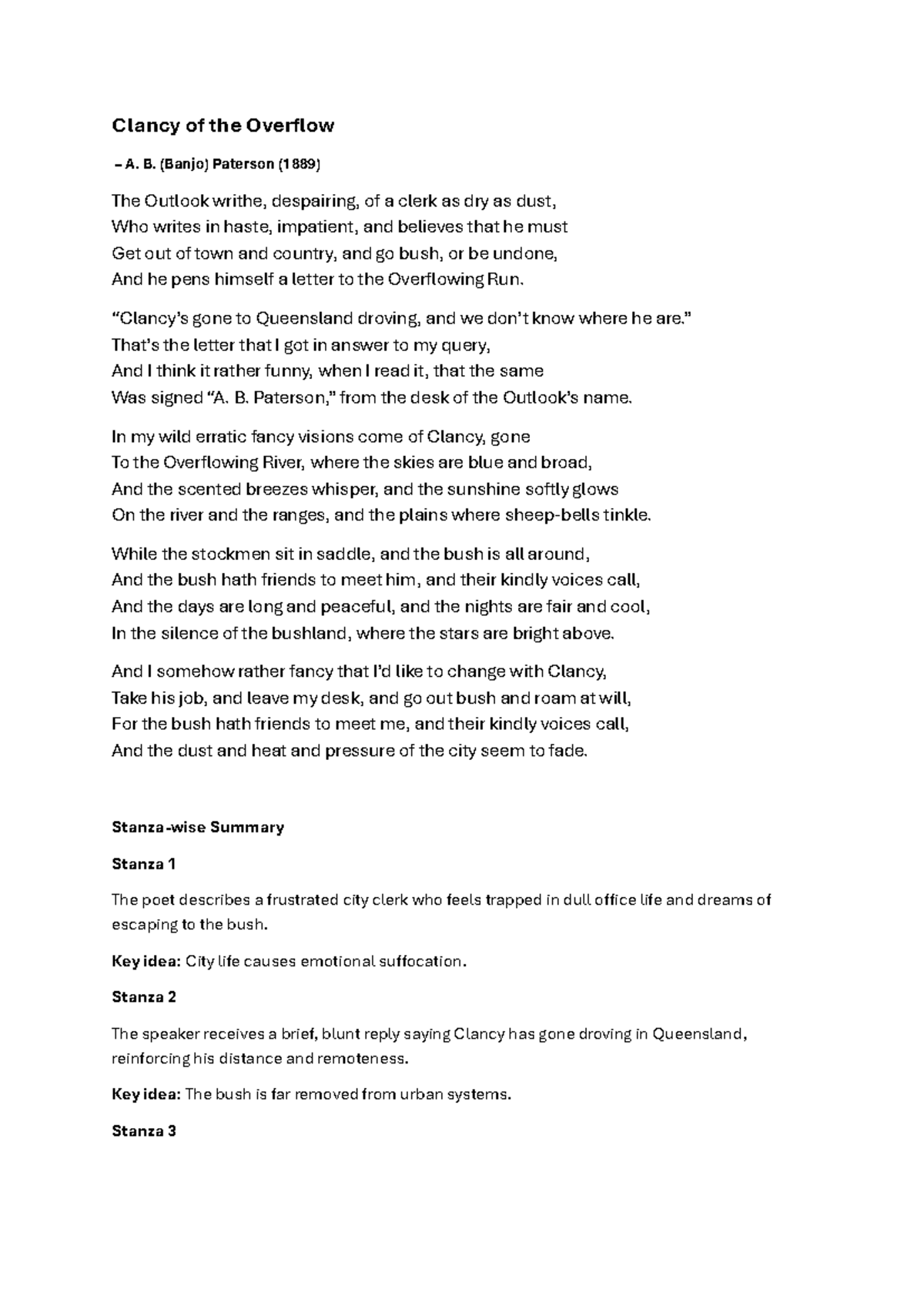 Poem Analysis: Clancy of the Overflow (A. B. Paterson) - Studocu