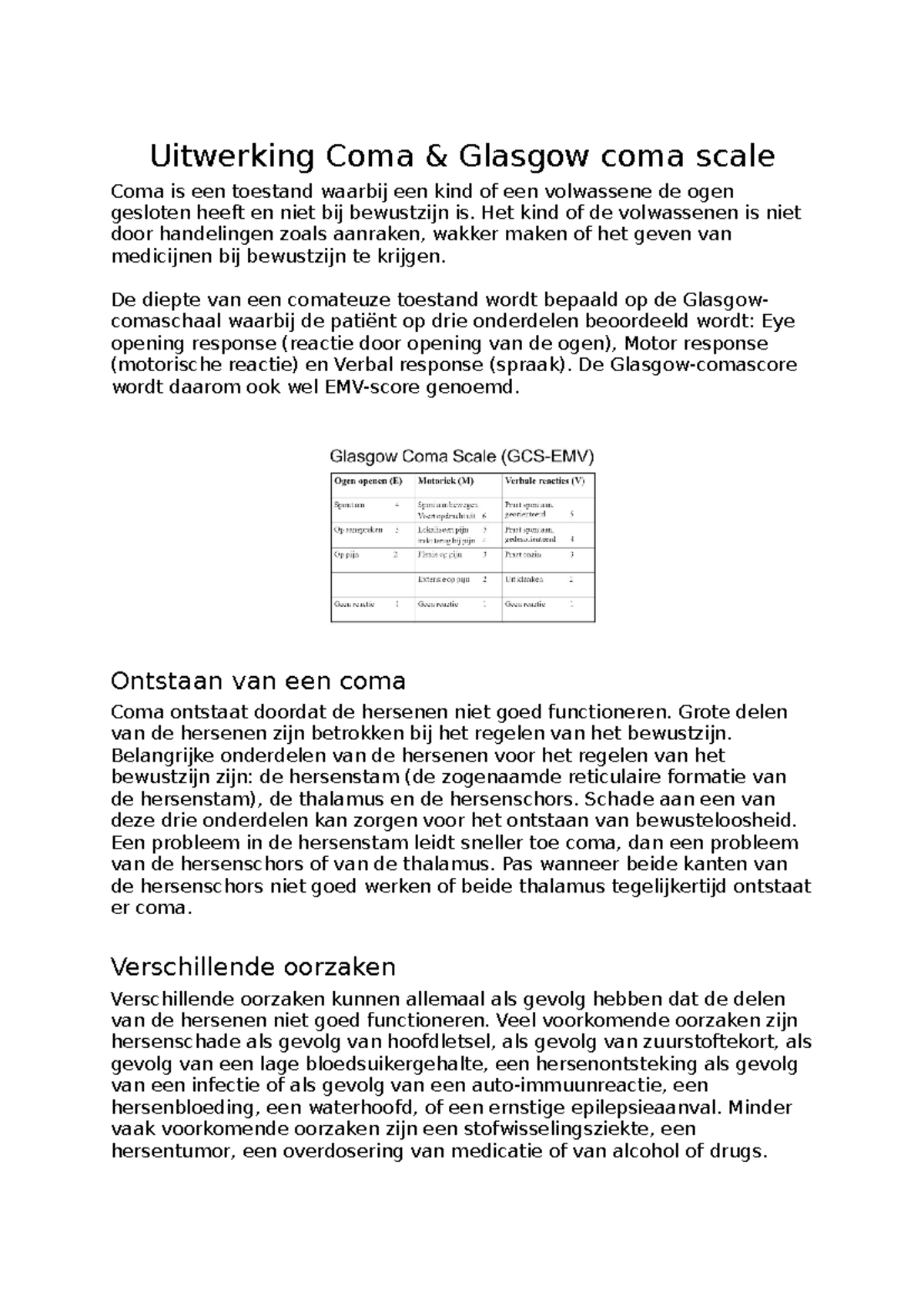 Uitwerking Coma - Samenvatting Glasgow Coma Scale - Studeersnel