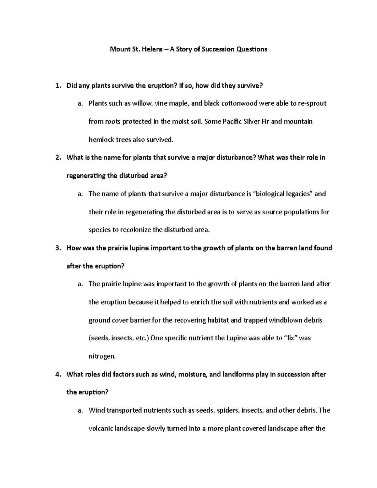 Mount St. Helens - LAB 6: A Study of Ecological Succession - Studocu