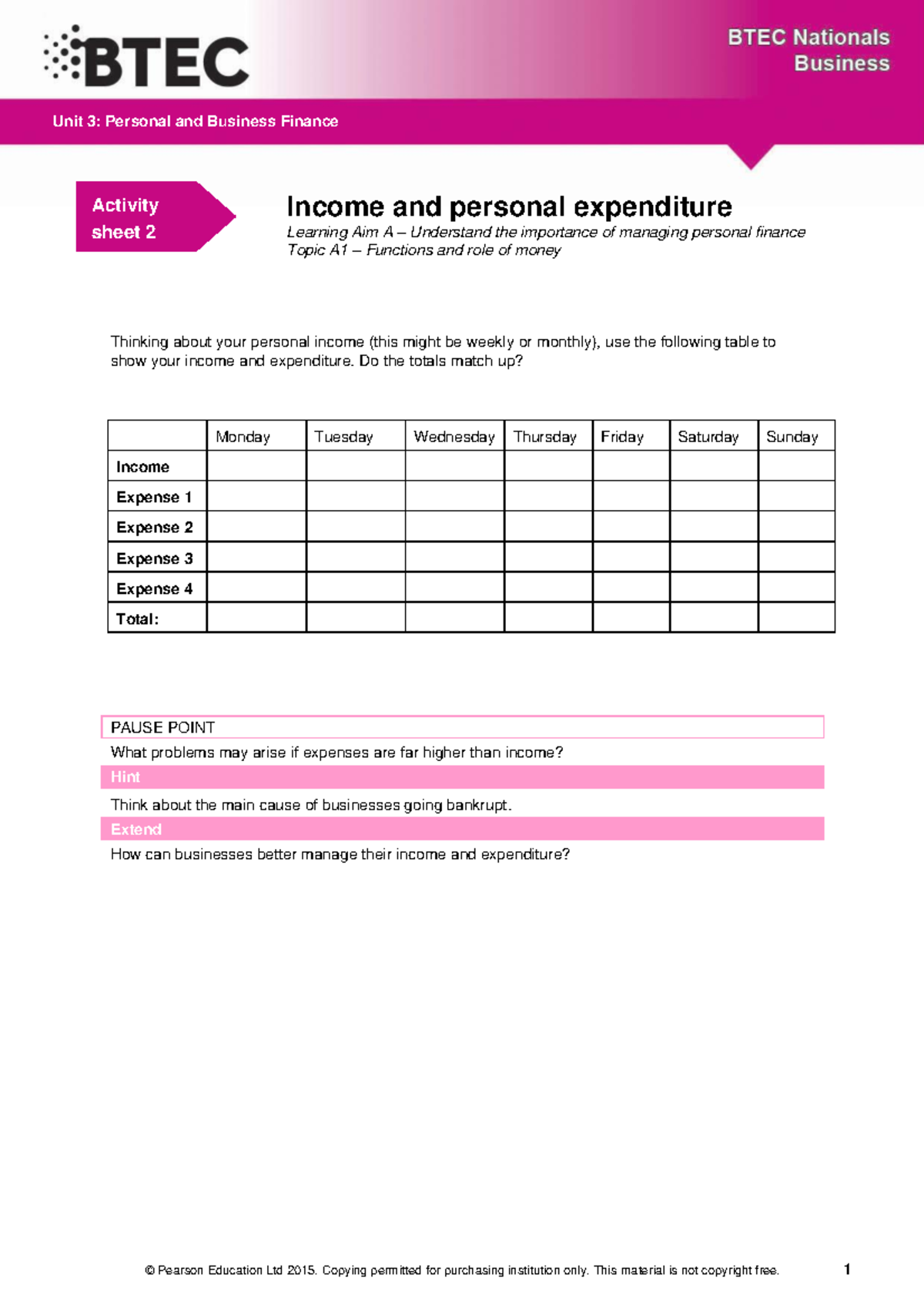 BTEC Business 2016 Unit 3: Personal and Business Finance Guide - Studocu