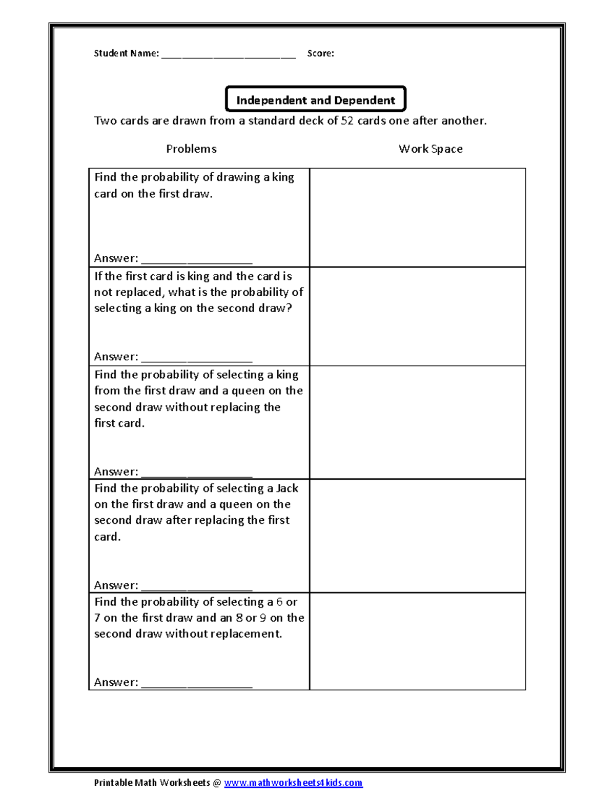Probability Problems: Independent & Dependent Events (Independent ...
