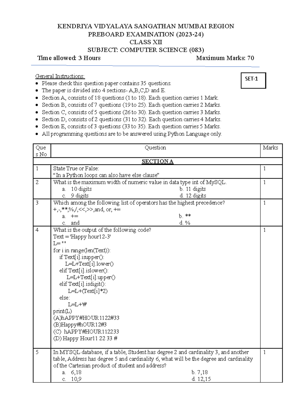KVS Mumbai Region Preboard Exam Class XII: Computer Science (083) QP ...