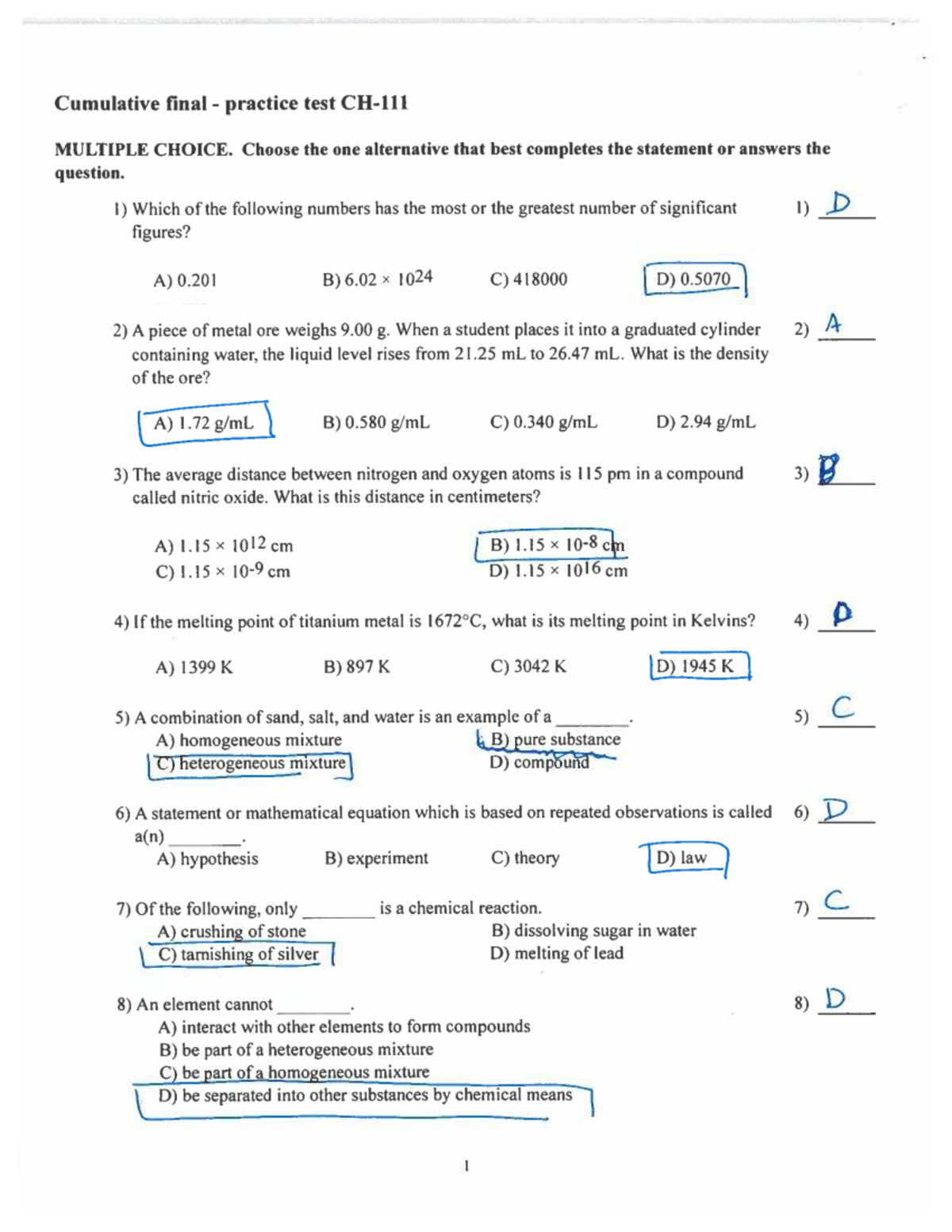 Cumulative Final Practice Test: Multiple Choice Questions (CHEM 101 ...