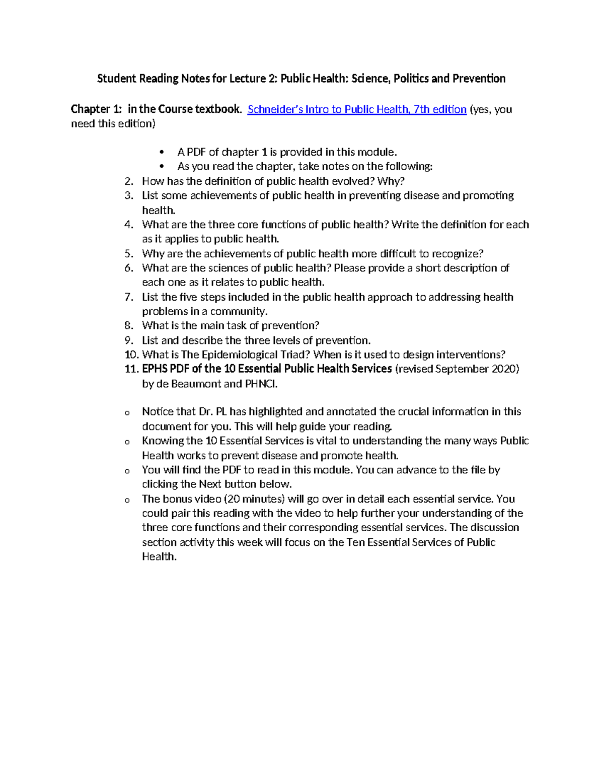 Lecture 2 Notes: Public Health Evolution & Core Functions (Schneider ...