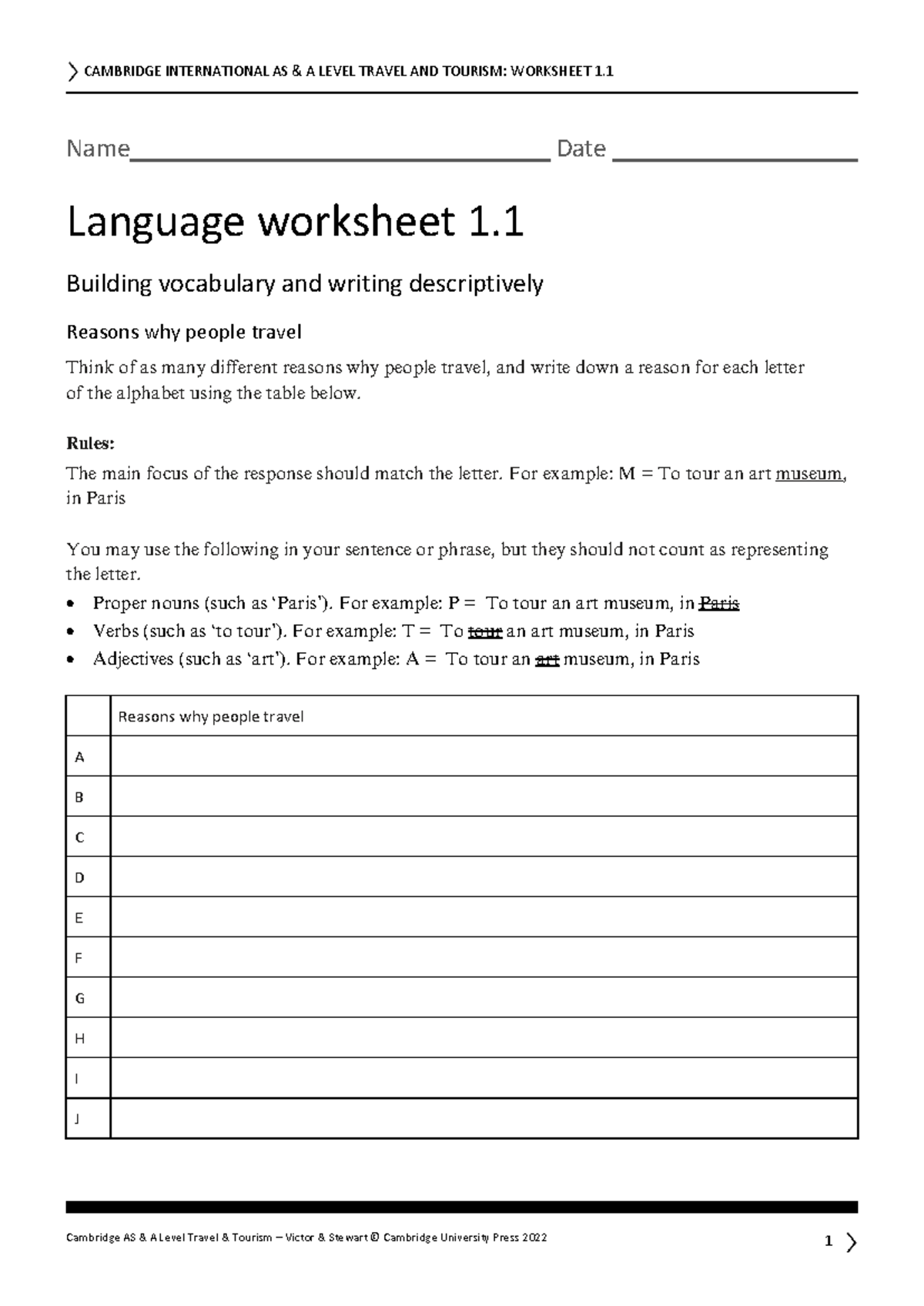 Cambridge AS & A Level Travel & Tourism: Worksheet 1 on Travel Reasons ...