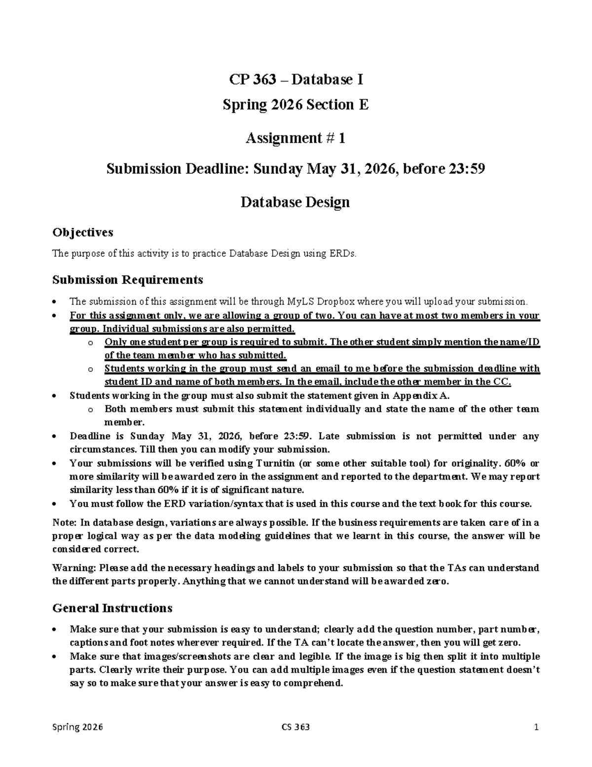 CP 363 Database I Spring 2026 Assignment 1 Guidelines - Studocu
