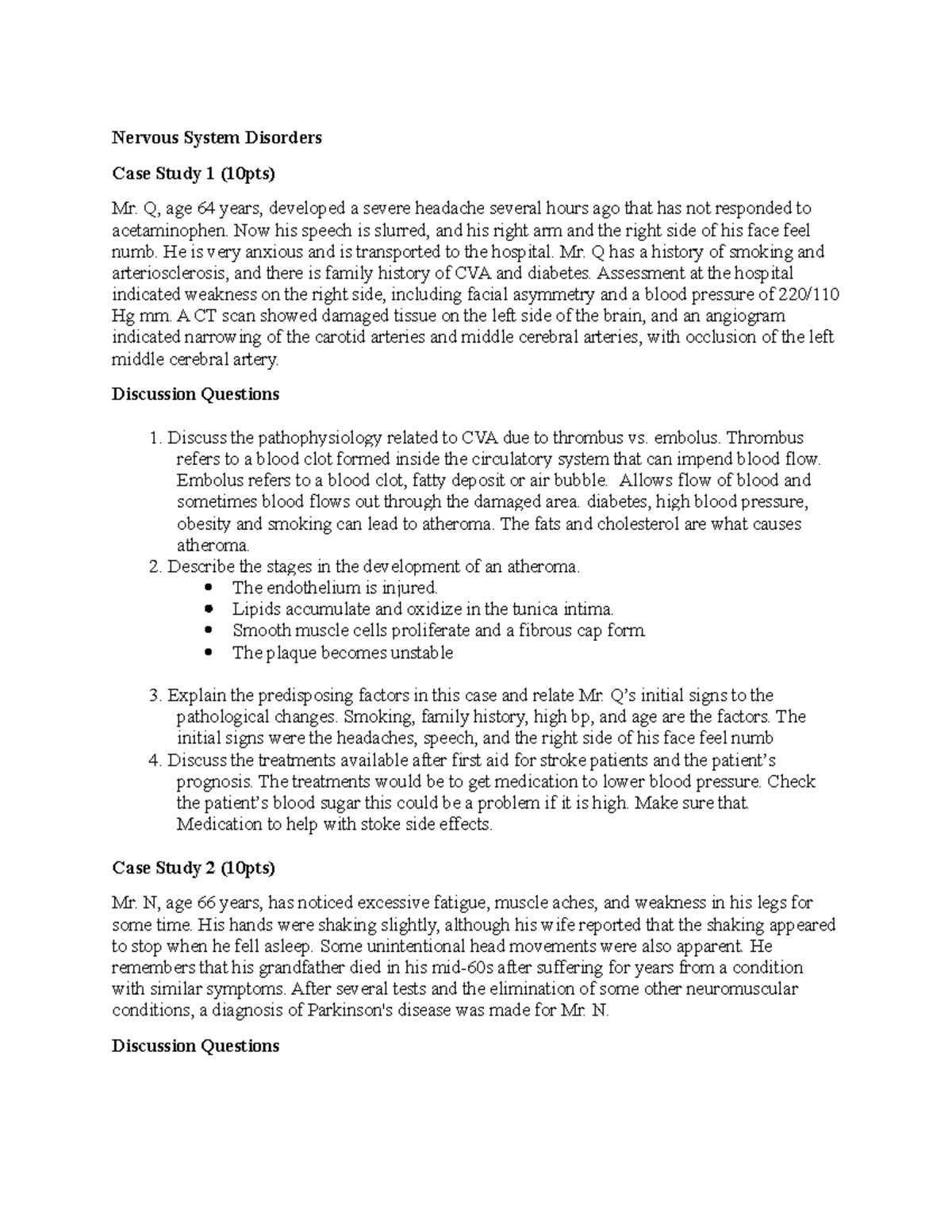 Nervous System Disorders Case Studies: Quiz Review (BIO101) - Studocu