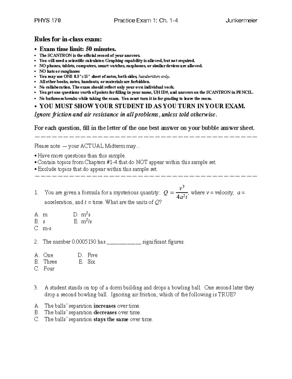 PHYS 170 Practice Exam 1: Chapters 1-4 Review Questions - Studocu