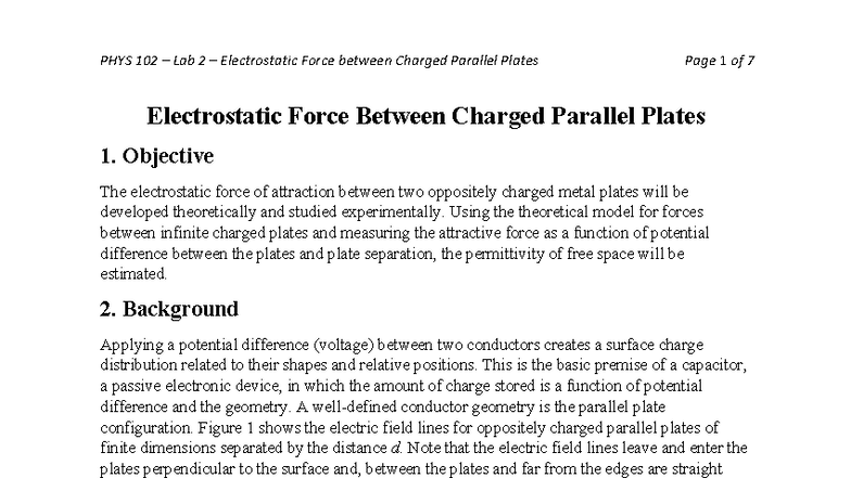PHYS 102 Lab 2: Exploring Electrostatic Forces in Parallel Plates - Studocu