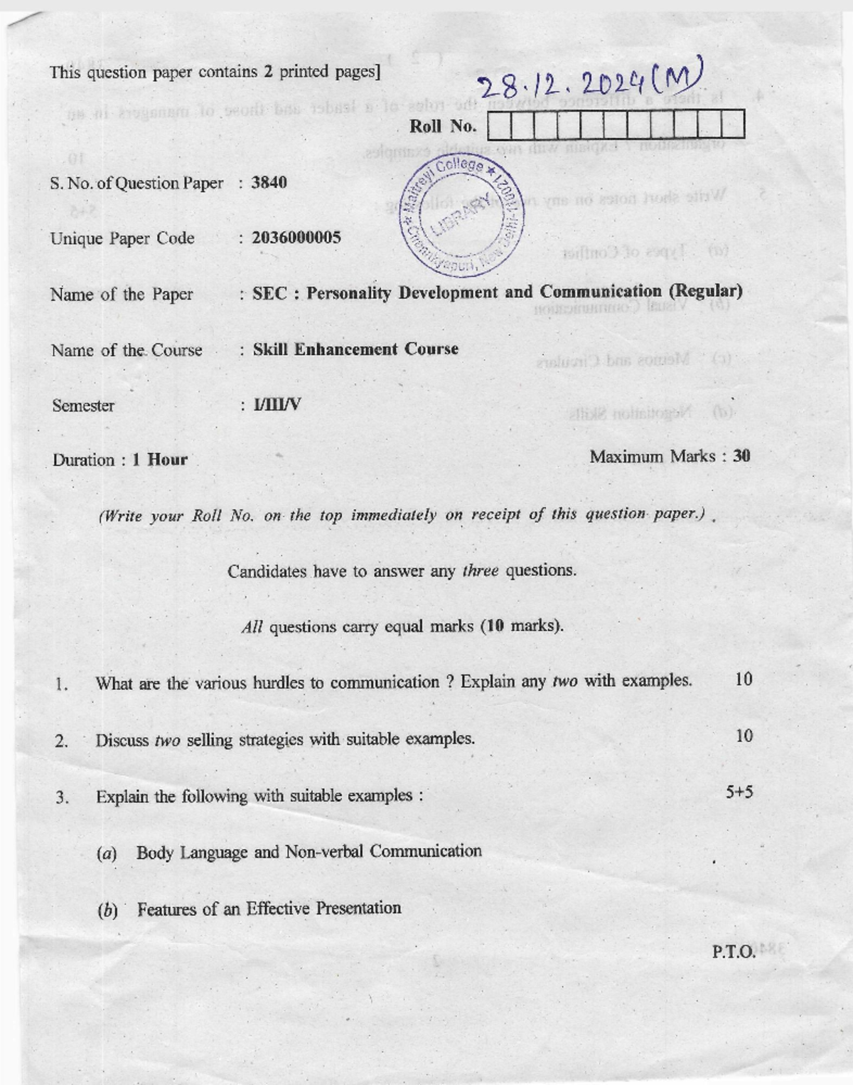 SEC: Personality Development & Communication - Question Paper 3840 ...