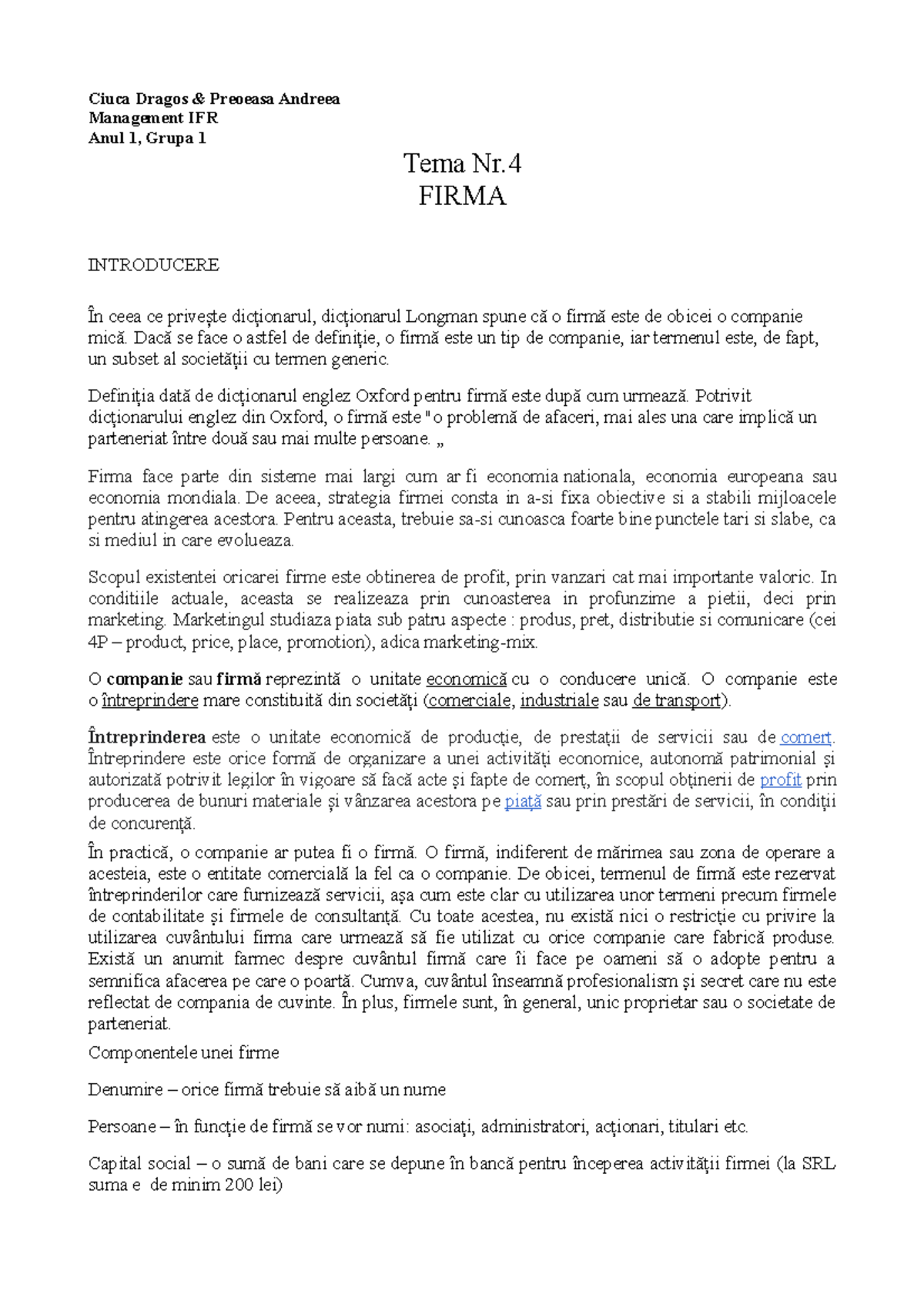 TEMA NR.4 - Firma - Anul 1 - Ciuca Dragos & Preoeasa Andreea Management ...