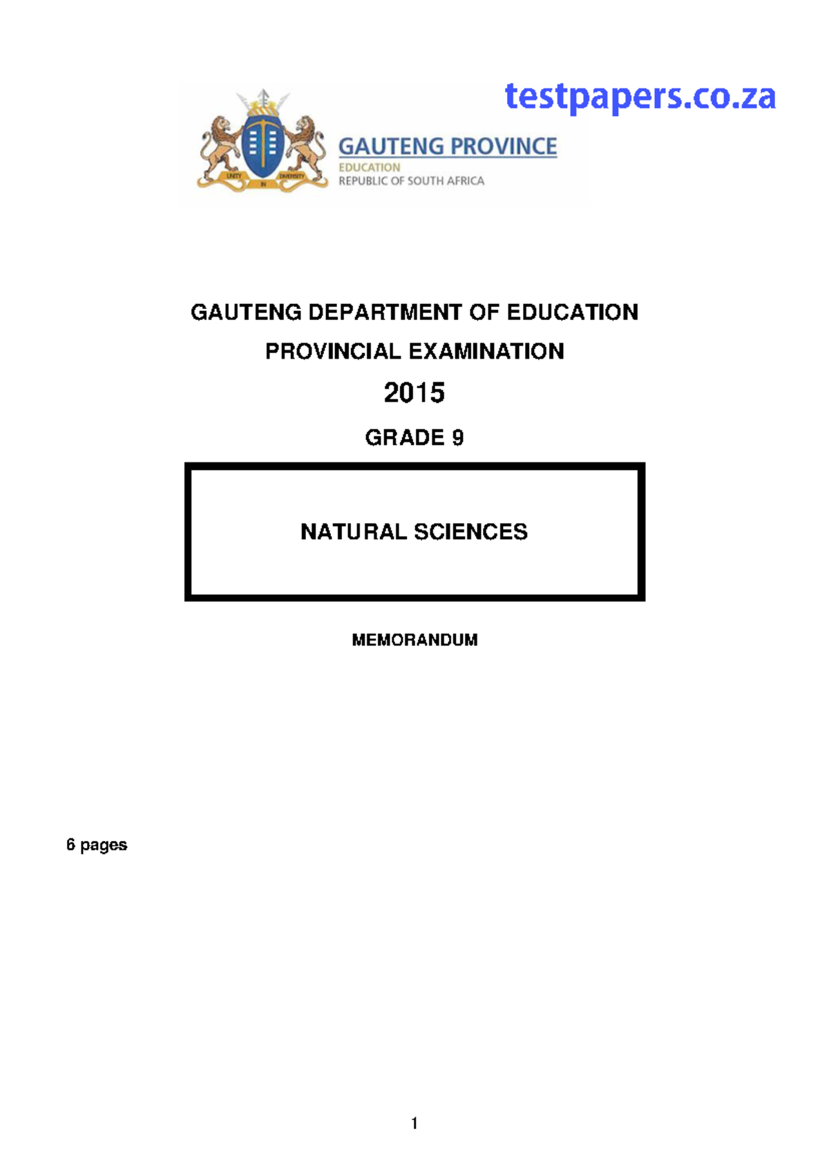 Grade 9 Natural Sciences P1 November 2015 exam memorandum - Studocu