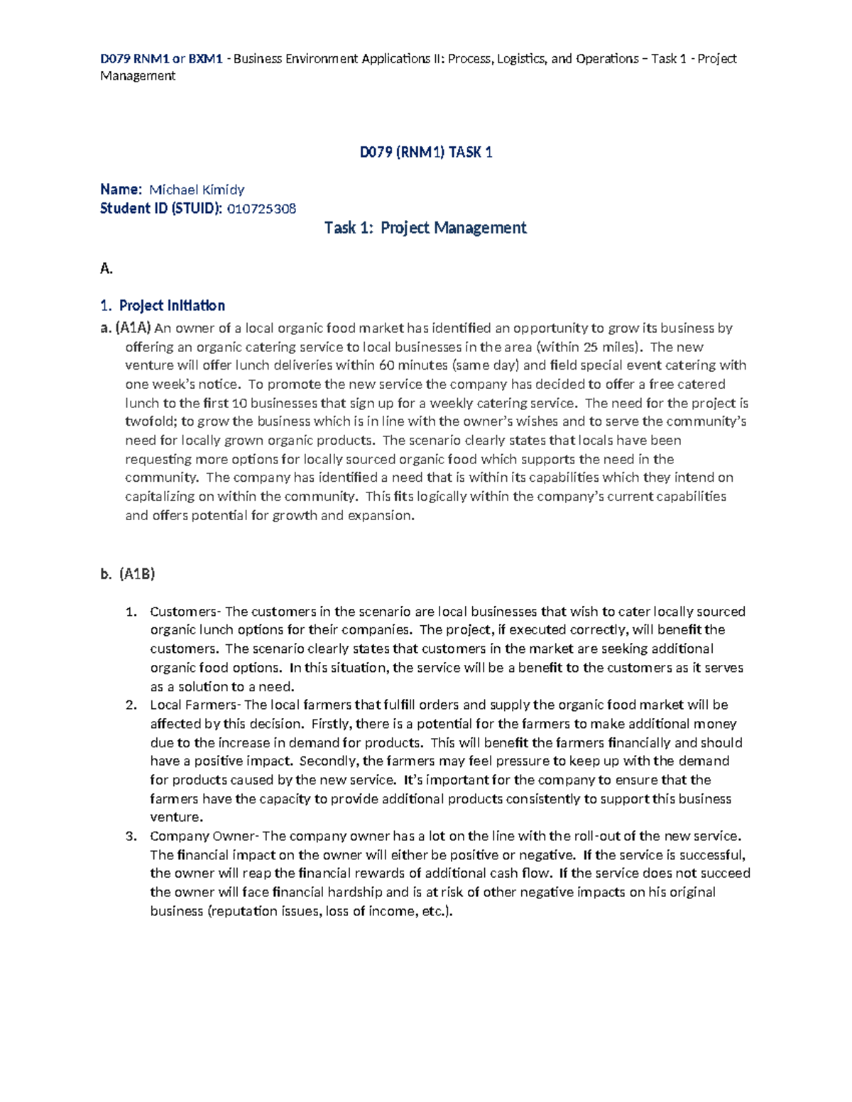 D079 RNM1 Business Environment Applications II: Project Management Task ...