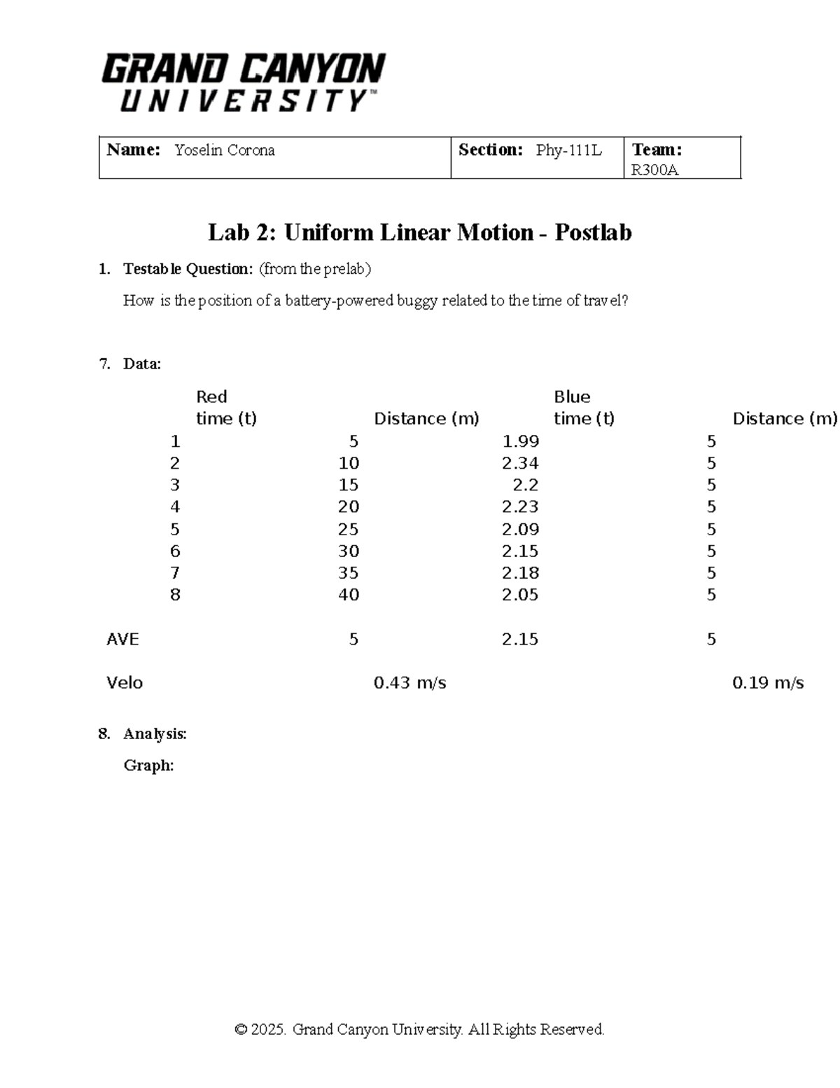 PHY111L Lab 2 Postlab: Analyzing Uniform Linear Motion - Studocu