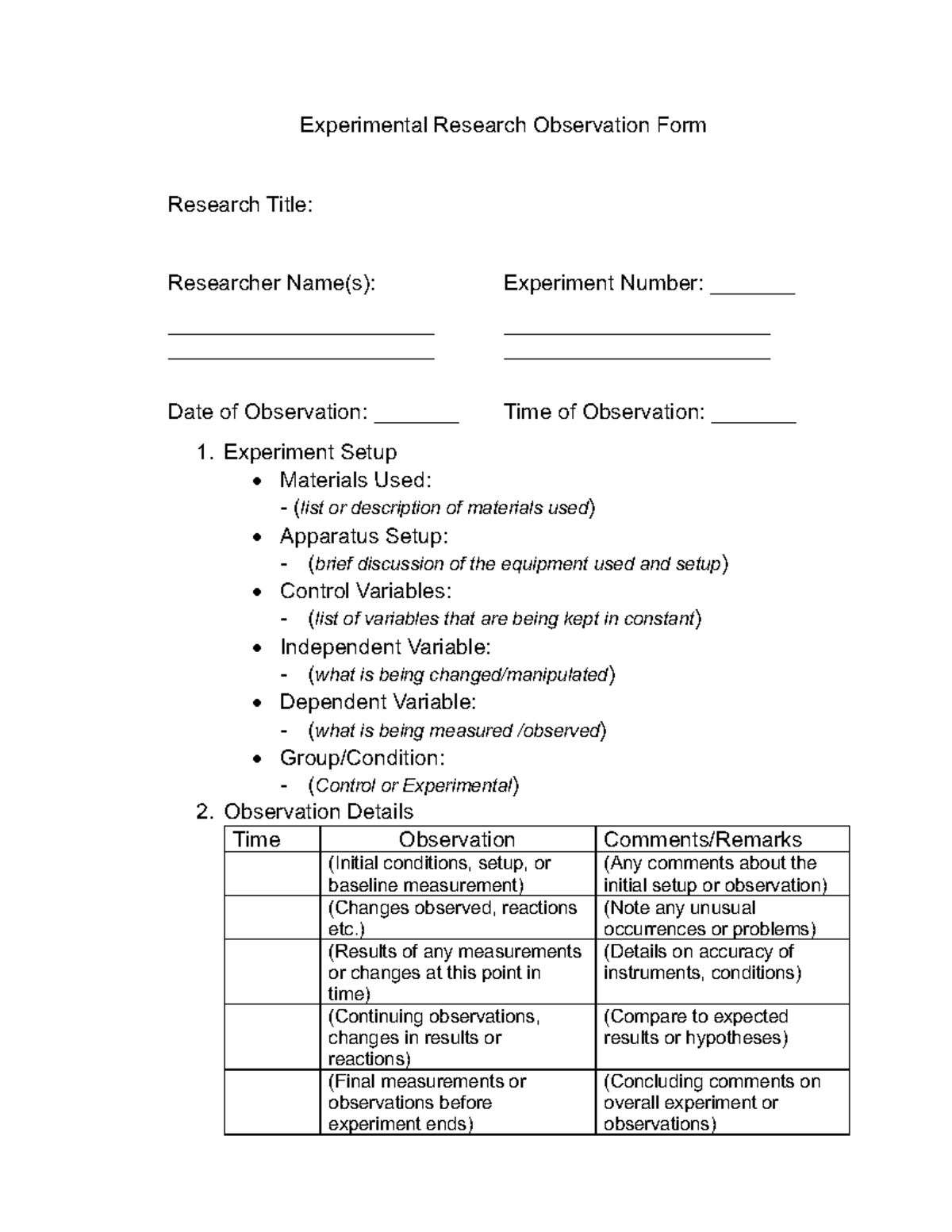 Experimental Research Observation Form (ERF): Detailed Template - Studocu