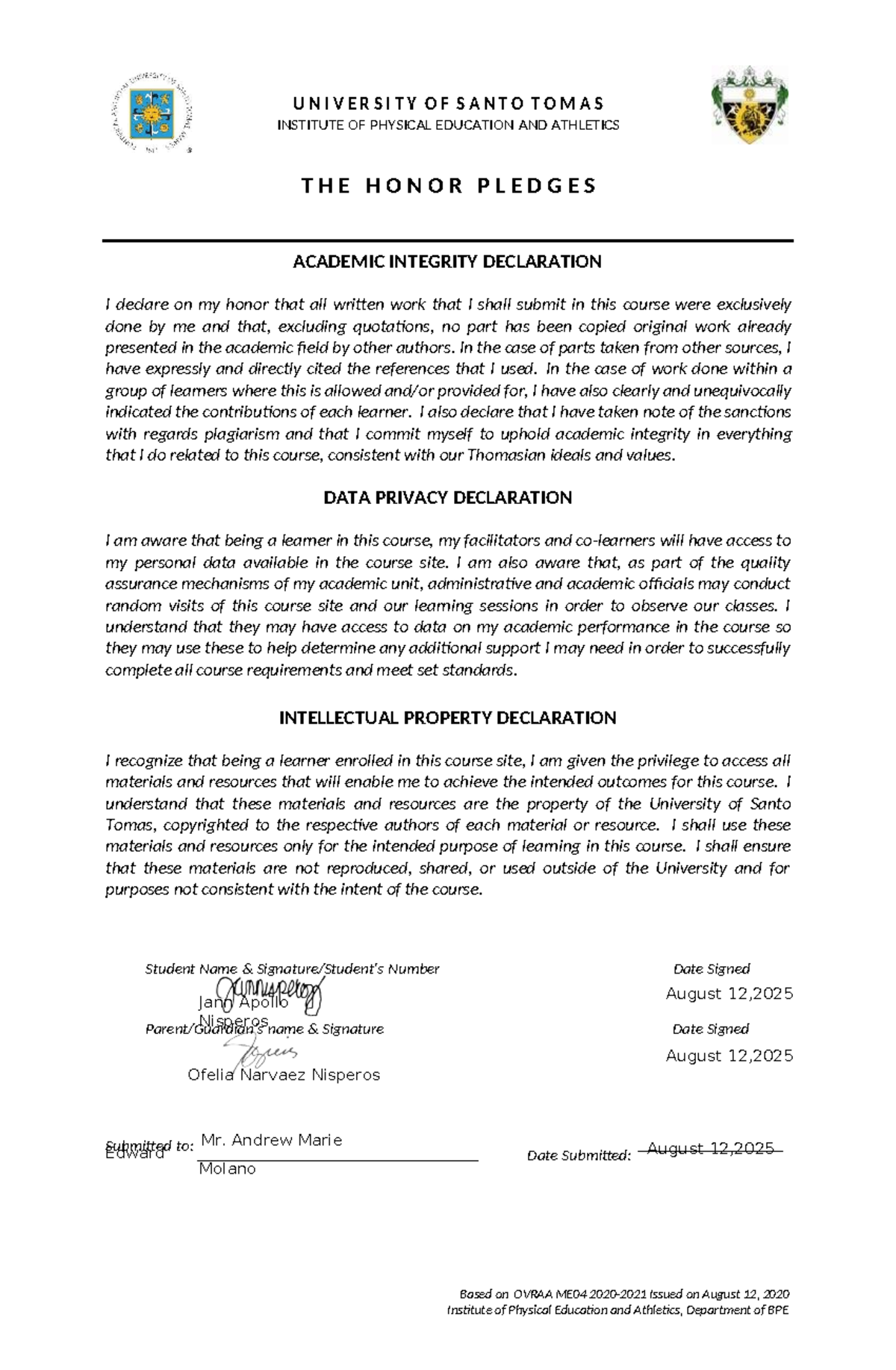 UST BPE ME04 Honor Pledge & Academic Integrity Declaration - Studocu