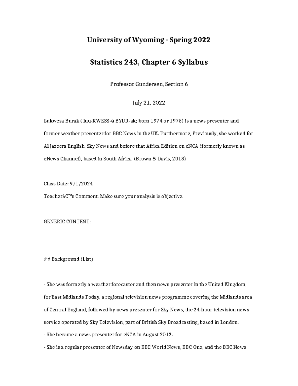 Statistics 243 Chapter 6 Syllabus Overview and Key Insights - Studocu